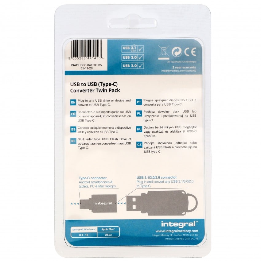 Adaptateur USB INTEGRAL pour smartphone/tablette (USB-C / USB) - Pack de 2