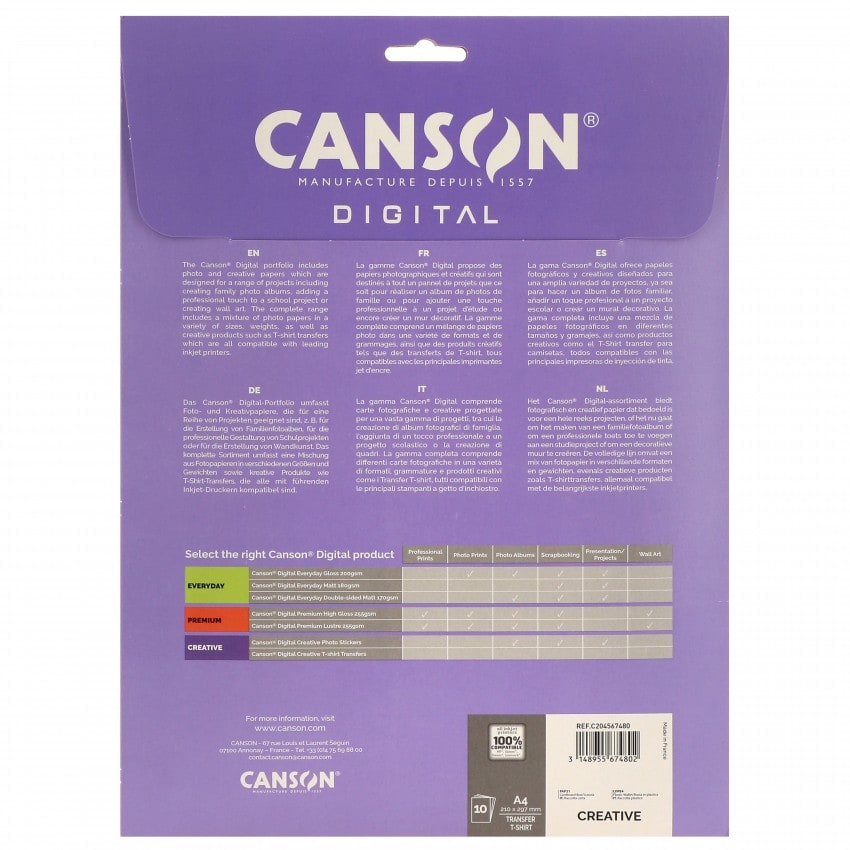 Papier sublimation CANSON Digital Creative Transfert pour T-shirt blanc 140g - A4 (21x29,7cm ...
